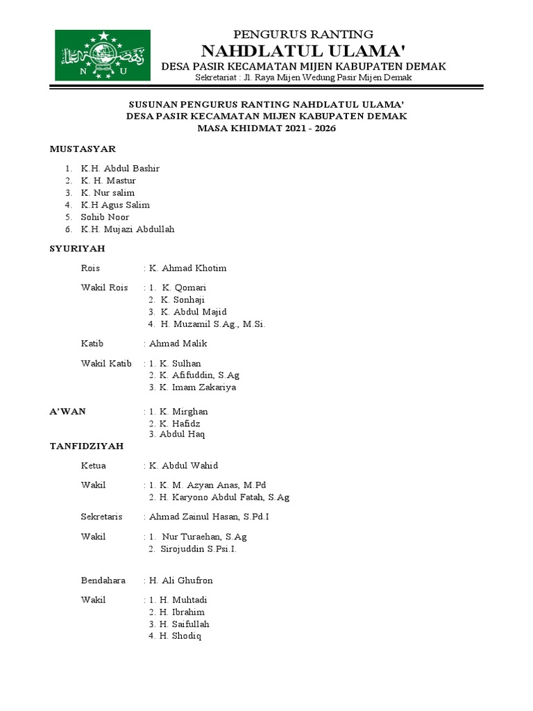 Susunan Pengurus Ranting NU Pasir 2021 2026 | PDF