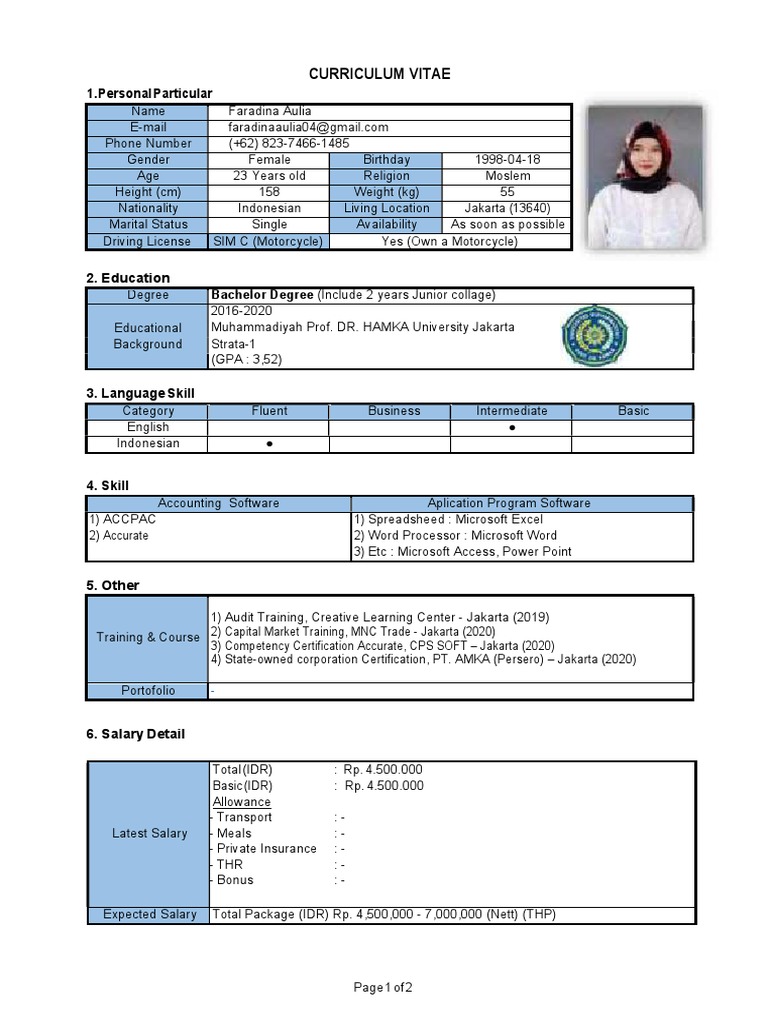 Curriculum Vitae: 1. Personal Particular | PDF