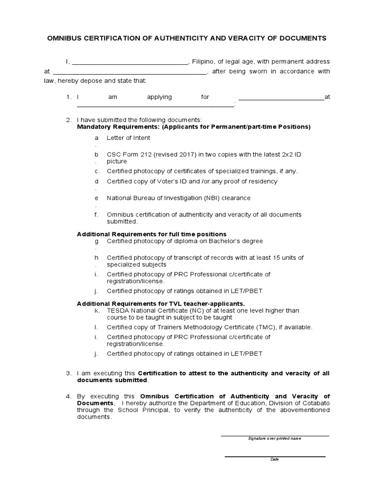 Omnibus Certification of Authenticity and Veracity of Documents | PDF | Authentication | Government