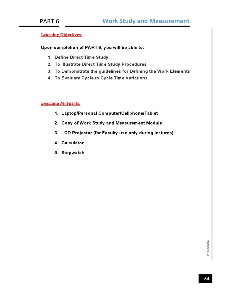 PART 6 Lesson 1,2,3,4 Direct Time Study | PDF | Time | Measurement