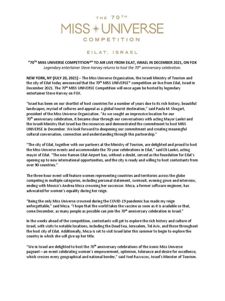 FINAL 70th MISS UNIVERSE RELEASE - 7.20 | PDF | Telemundo | Nbc Universal