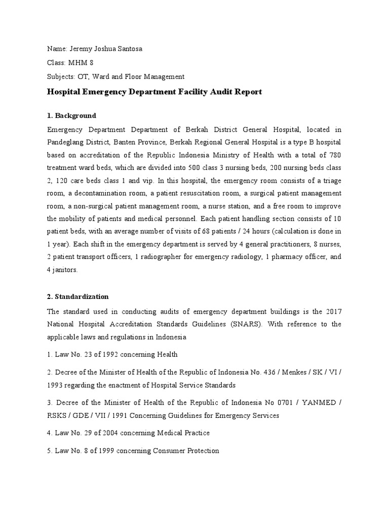 Emergency Department Facility Audit | PDF | Emergency Department | Hospital