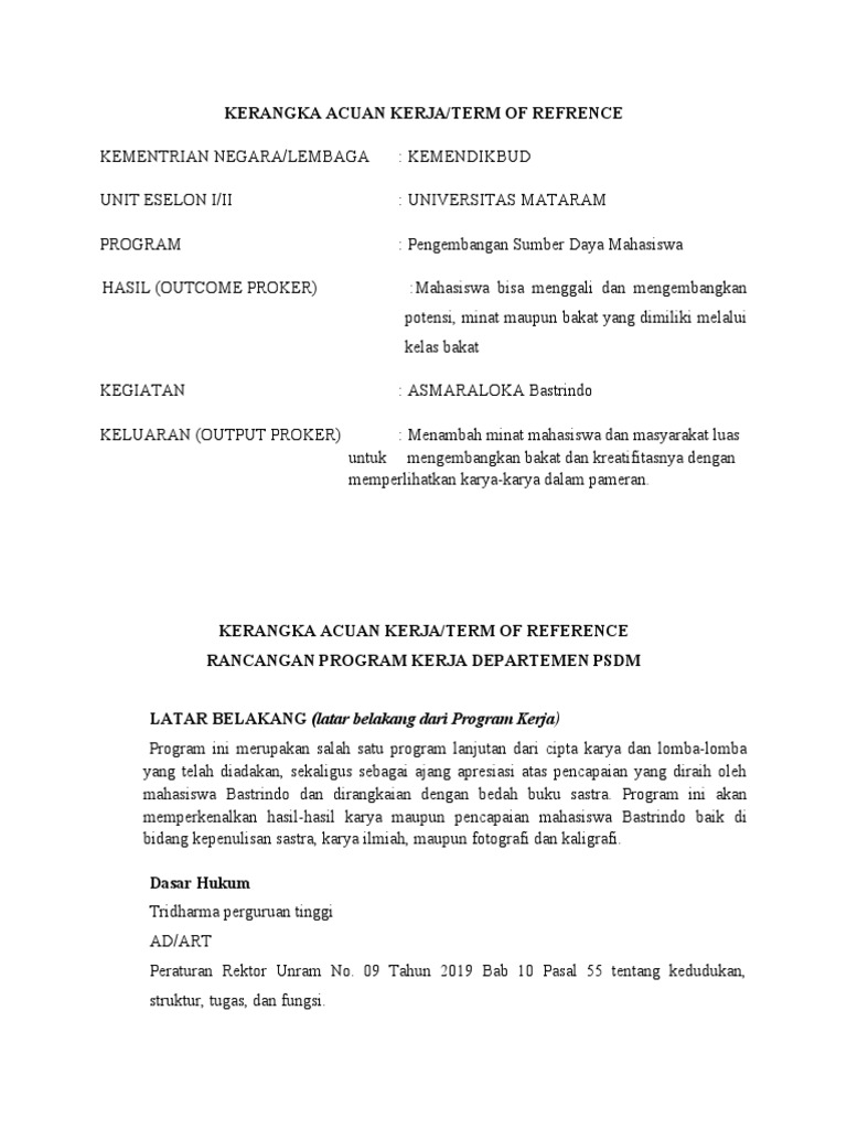 Kerangka Acuan Kerja/Term of Refrence | PDF