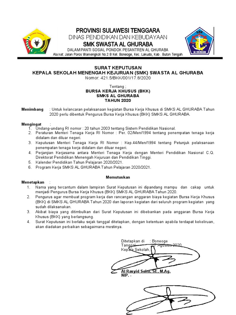 SK BKK SMKS Al Ghuraba | PDF | Pengelolaan Keuangan & Uang