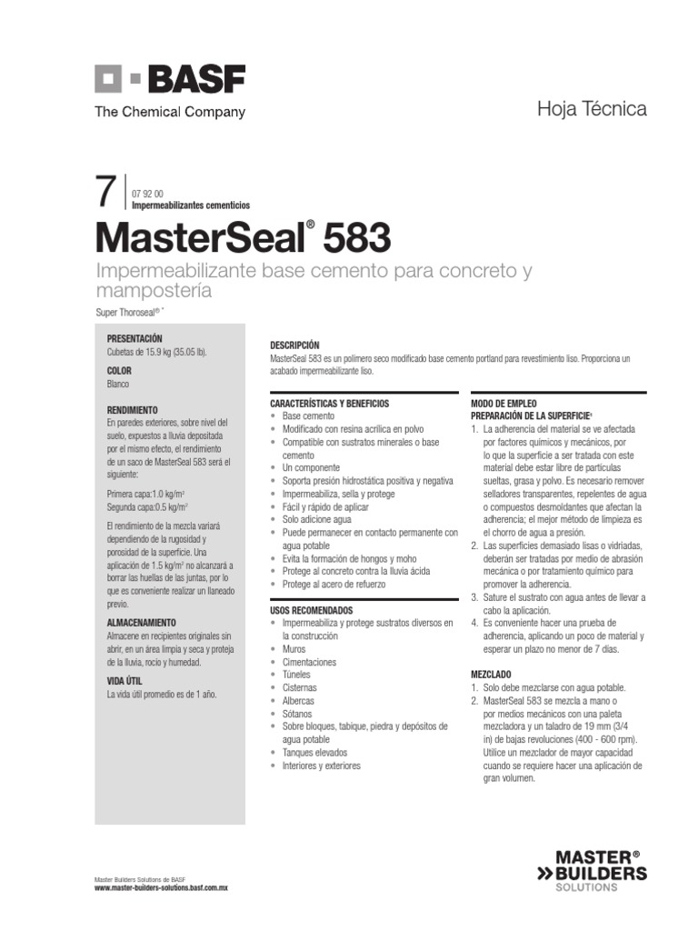 MasterSeal 583: Impermeabilizante Cementicio | PDF | Agua | Hormigón