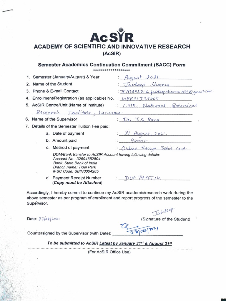 Semester Academics Continuation Commitment Form for Jaicleep Shamma at ...