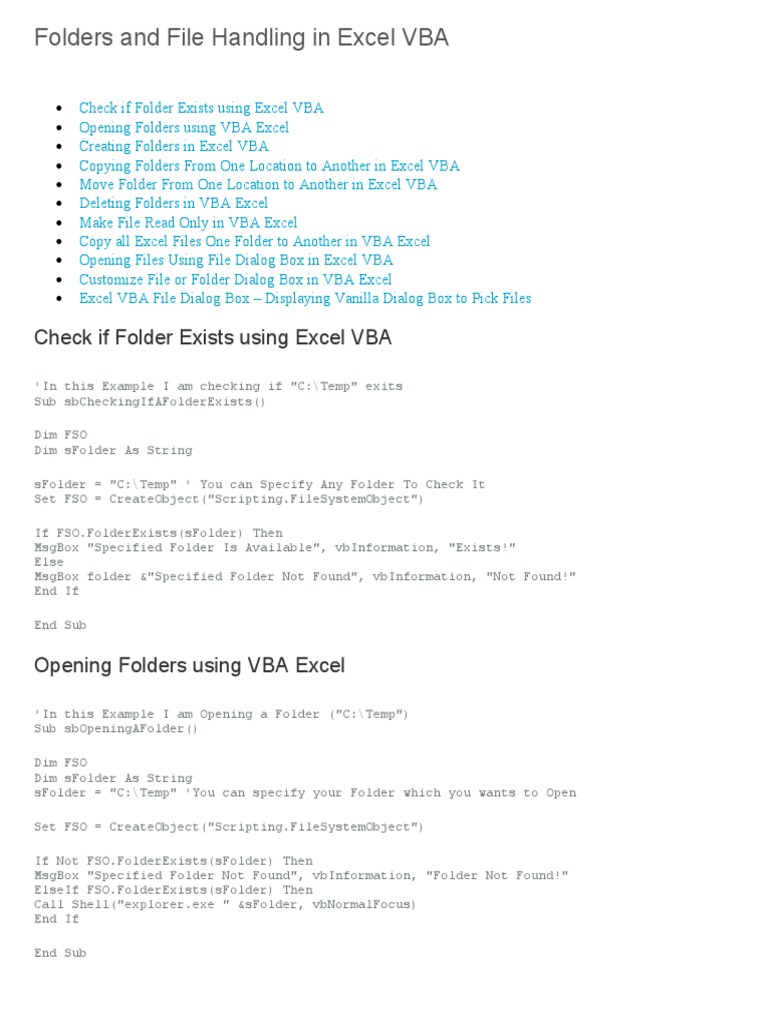 Folders and File Handling in Excel VBA | PDF | Microsoft Excel | Computer File