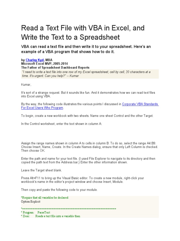 Read A Text File With VBA in Excel, and Write The Text To A Spreadsheet | PDF | Microsoft Excel ...