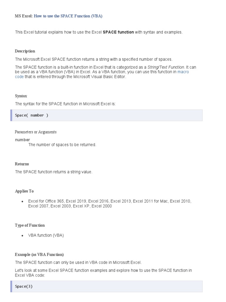 How To Use The Space Function Vba Macro Code Pdf Microsoft Excel Visual Basic For 