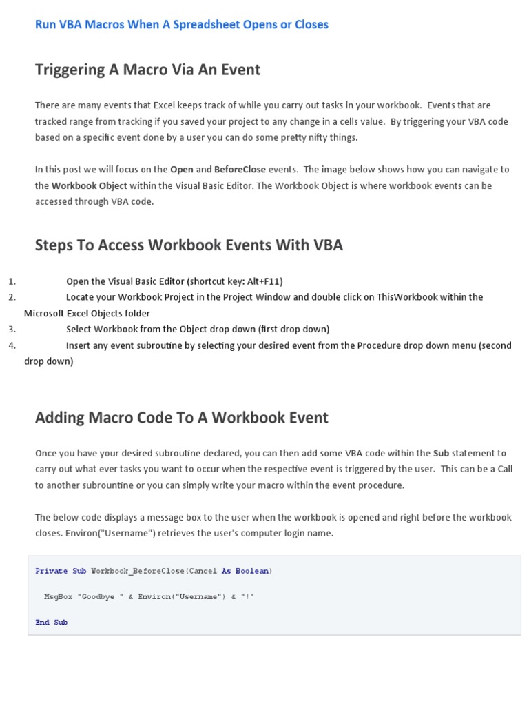 Run Vba Macros When A Spreadsheet Opens Or Closes Pdf Microsoft Excel Visual Basic For