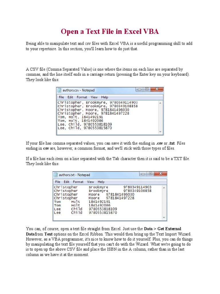 Open Text File in Excel VBA | PDF | Comma Separated Values | File Format
