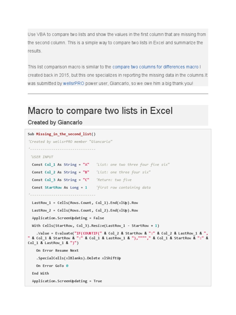 Use VBA To Compare Two Lists and Show The Values in The First Column That Are Missing From The ...