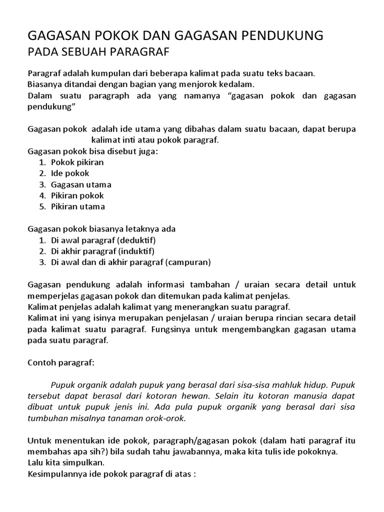 Gagasan Pokok Dan Gagasan Pendukung Pada Sebuah Paragraf | PDF