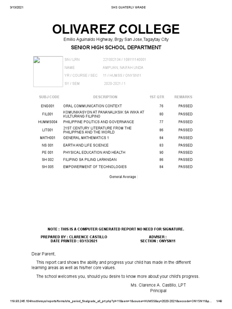 Olivarez College: Senior High School Department | PDF | Physical ...
