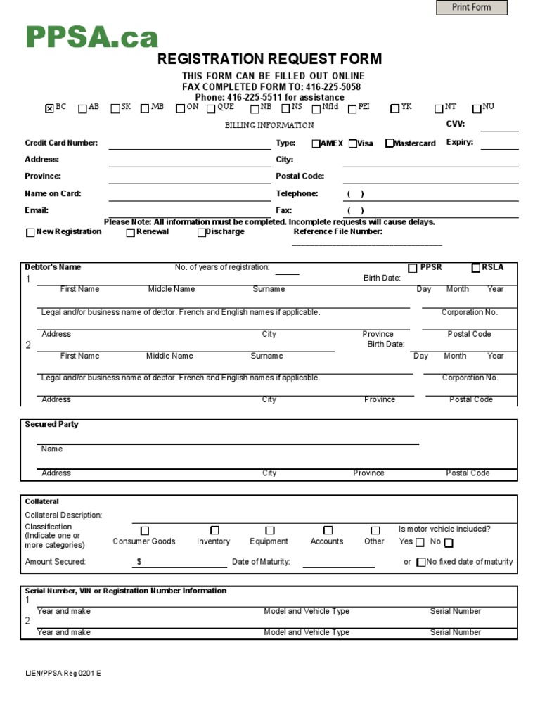 Registration Request Form for Securing Interest in Collateral through ...