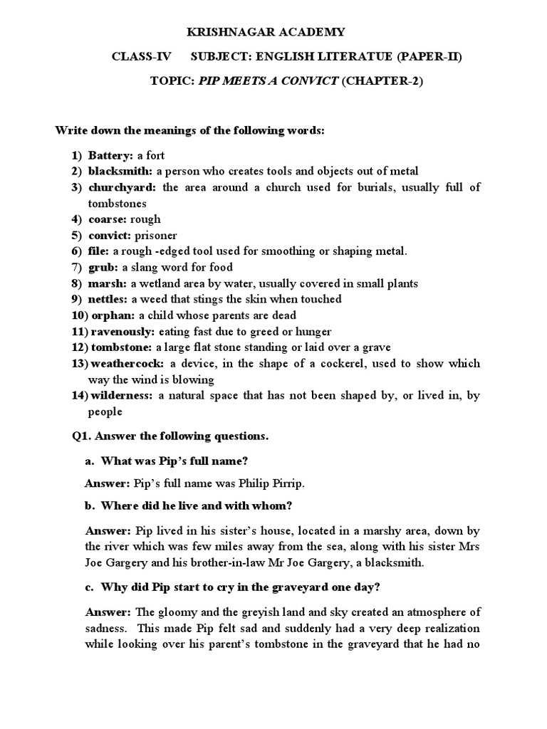Class IV English Solved Questions Answers of Pip Meets A Convict 29-06 ...