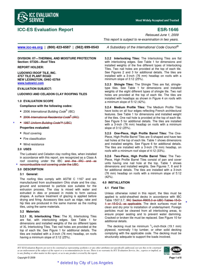ICC-ES Evaluation Report ESR-1646 | PDF | Roof | Tile