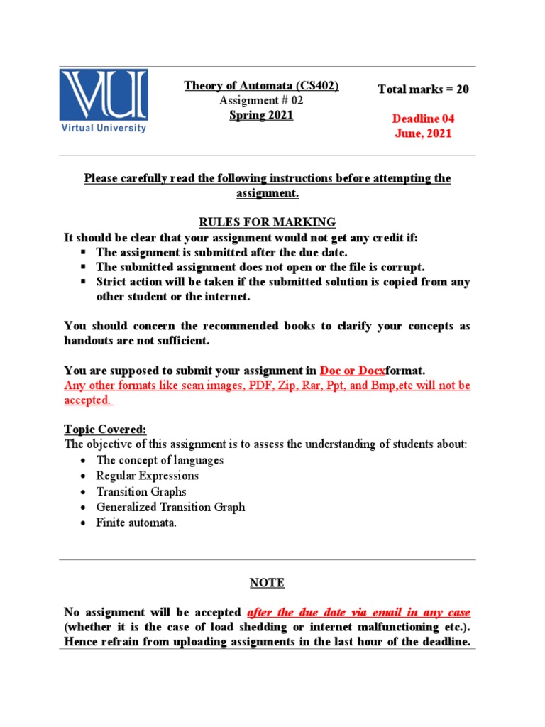 Theory Of Automata Cs402 Rules And Instructions For Assignment 02 Pdf