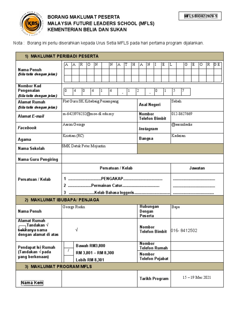 1 Borang Maklumat Peserta (Biodata) Mfls | PDF