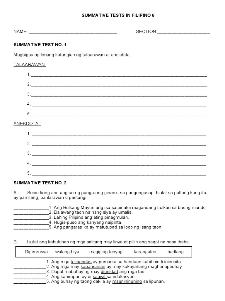 Summative Tests in Filipino 6 | PDF