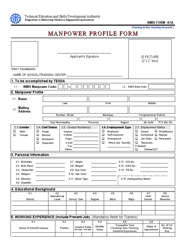Manpower Profile Form TEACHING & NON TEACHING | PDF