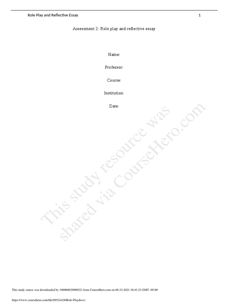This Study Resource Was: Assessment 2: Role Play and Reflective Essay ...