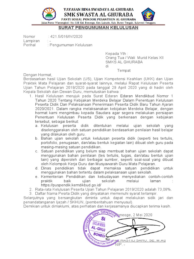 Surat Pengumuman Kelulusan | PDF