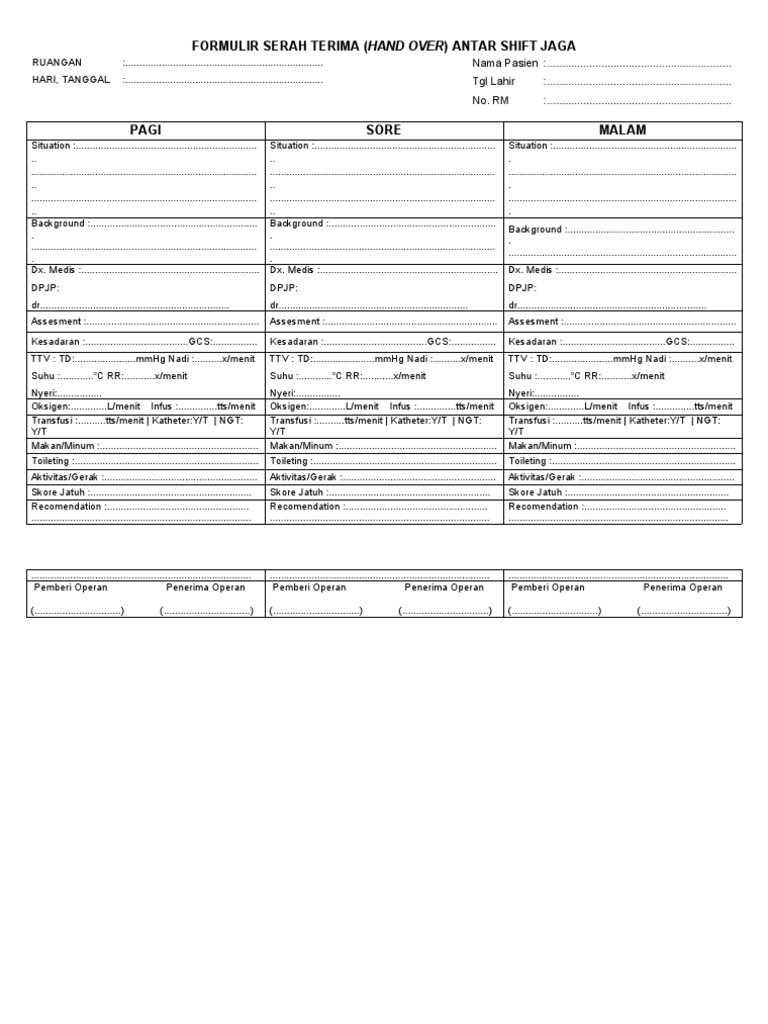 Form Hand Over Antar Shift Serah Terima Antar Shift Jaga | PDF