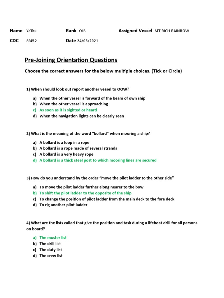 Pre Joining Orientation Questions Multiple Choice | PDF | Ships | Water Transport