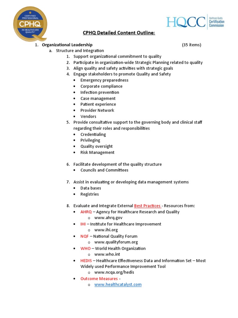 CPHQ Detailed Content Outline | PDF | Joint Commission | Health Care