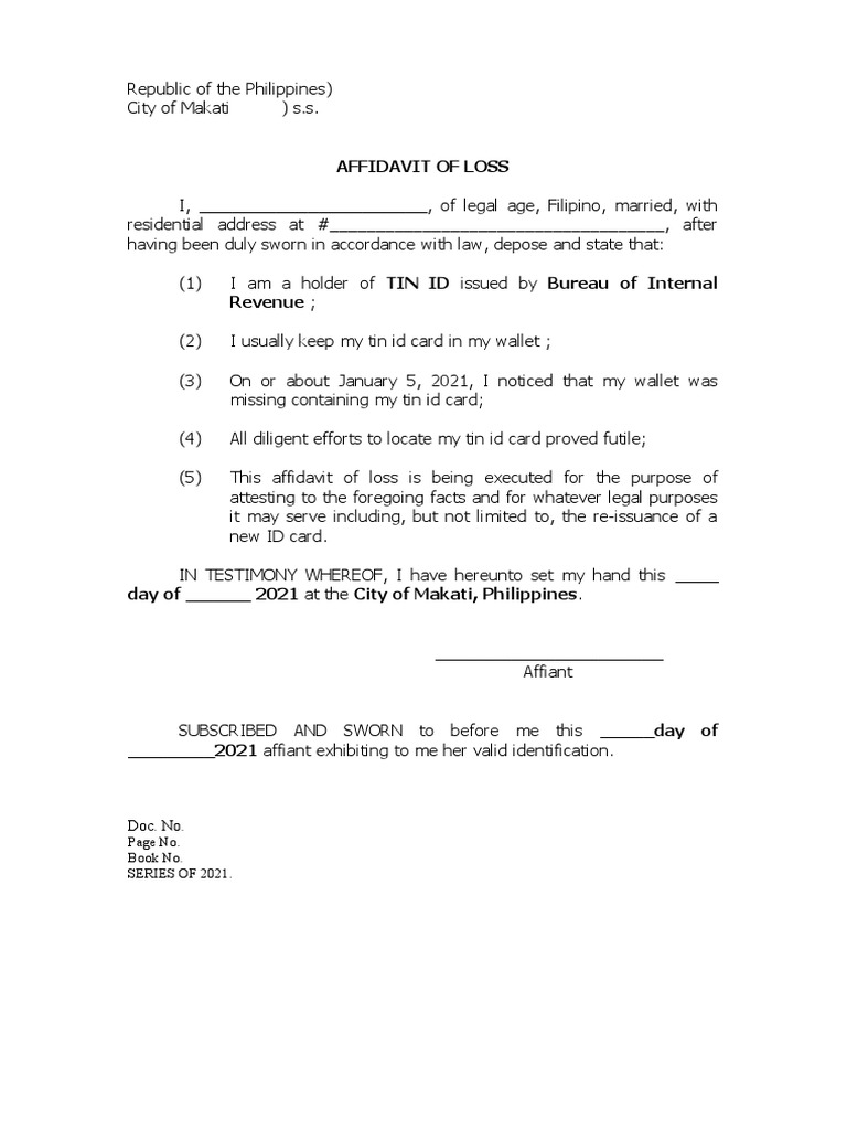 Makati. Affidavit of Loss 2021. Tin Id | PDF