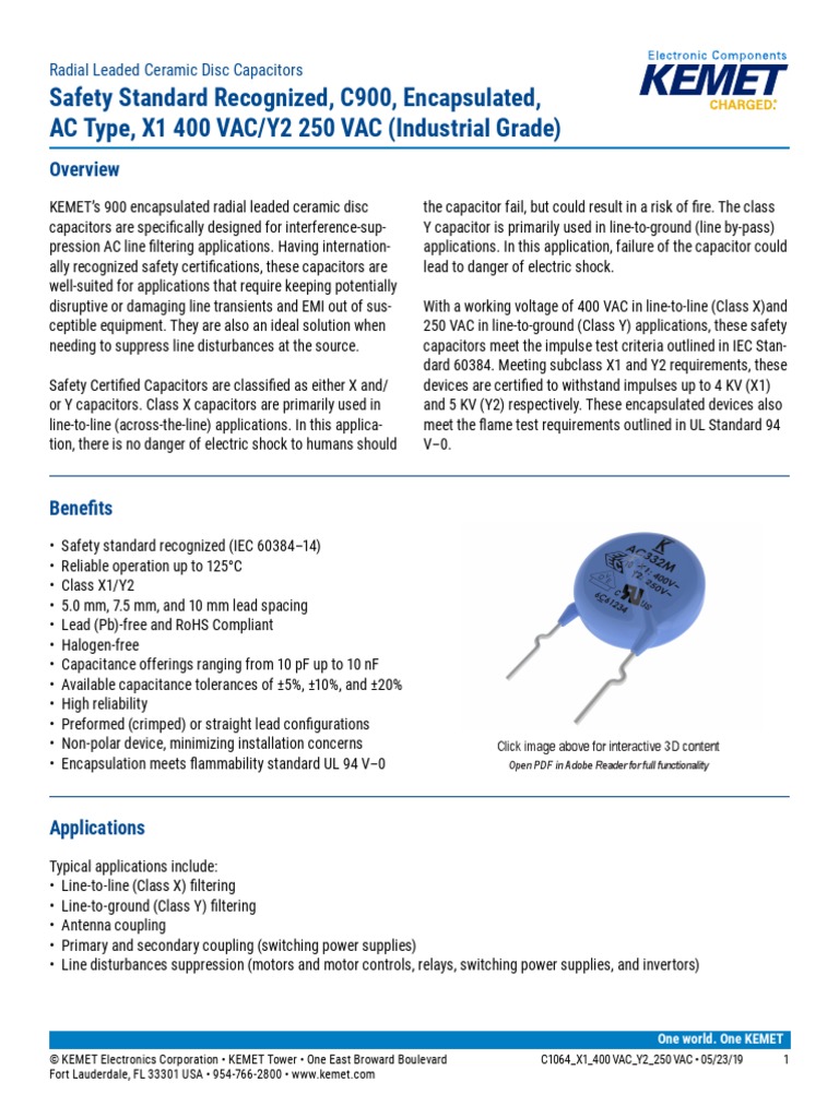 Safety Standard Recognized, C900, Encapsulated, AC Type, X1 400 VAC/Y2 ...