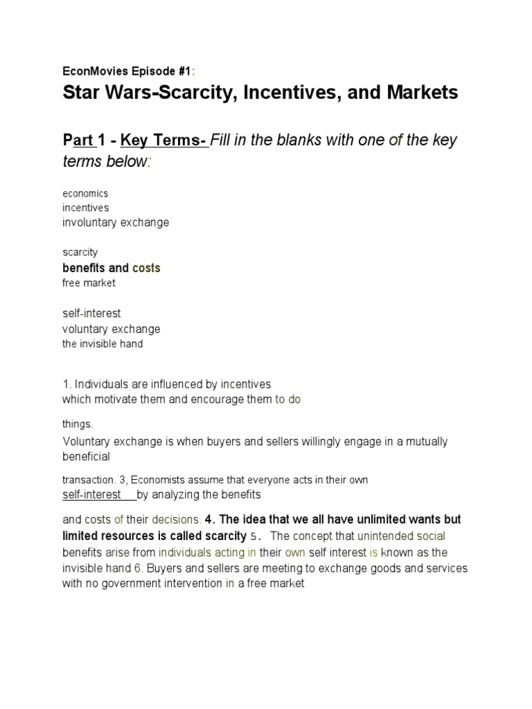 Star Wars-Scarcity, Incentives, and Markets: Part 1 - Key Terms - Fill ...