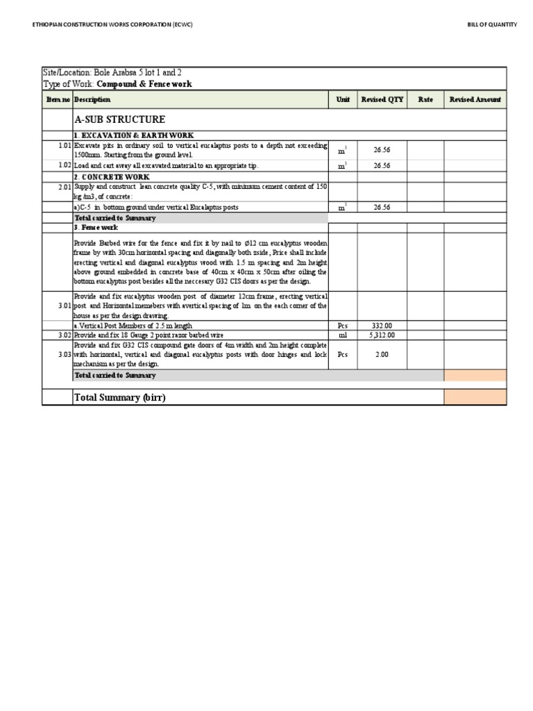 A-Sub Structure: Site/Location: Bole Arabsa 5 Lot 1 and 2 Type of Work ...