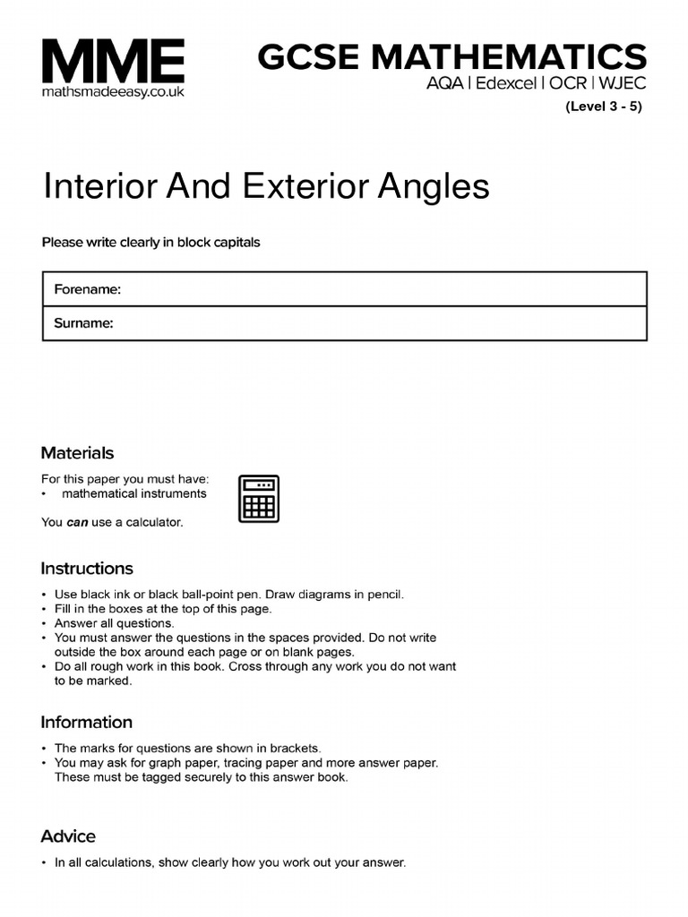 Interior and Exterior Angles Questions MME | PDF | Euclidean Plane ...