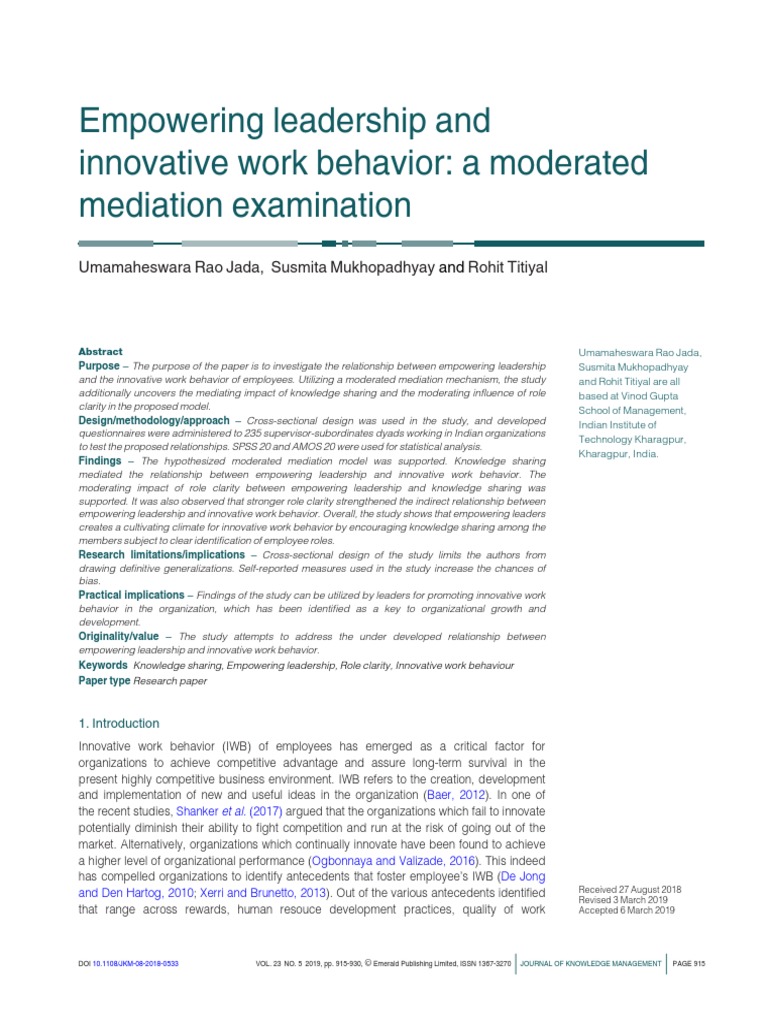 Empowering Leadership and Innovative Work Behavior: A Moderated Mediation Examination | PDF ...