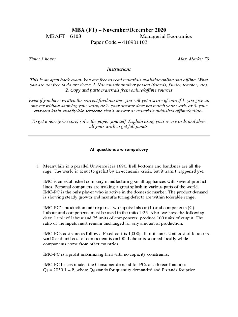 MBA Managerial Economics Exam Paper | PDF | Demand | Production Function