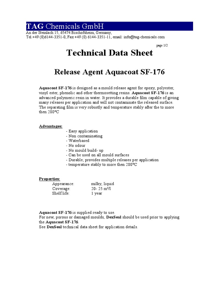 TDS Release Agent SF-176 (En) | PDF | Epoxy | Secondary Sector Of The ...