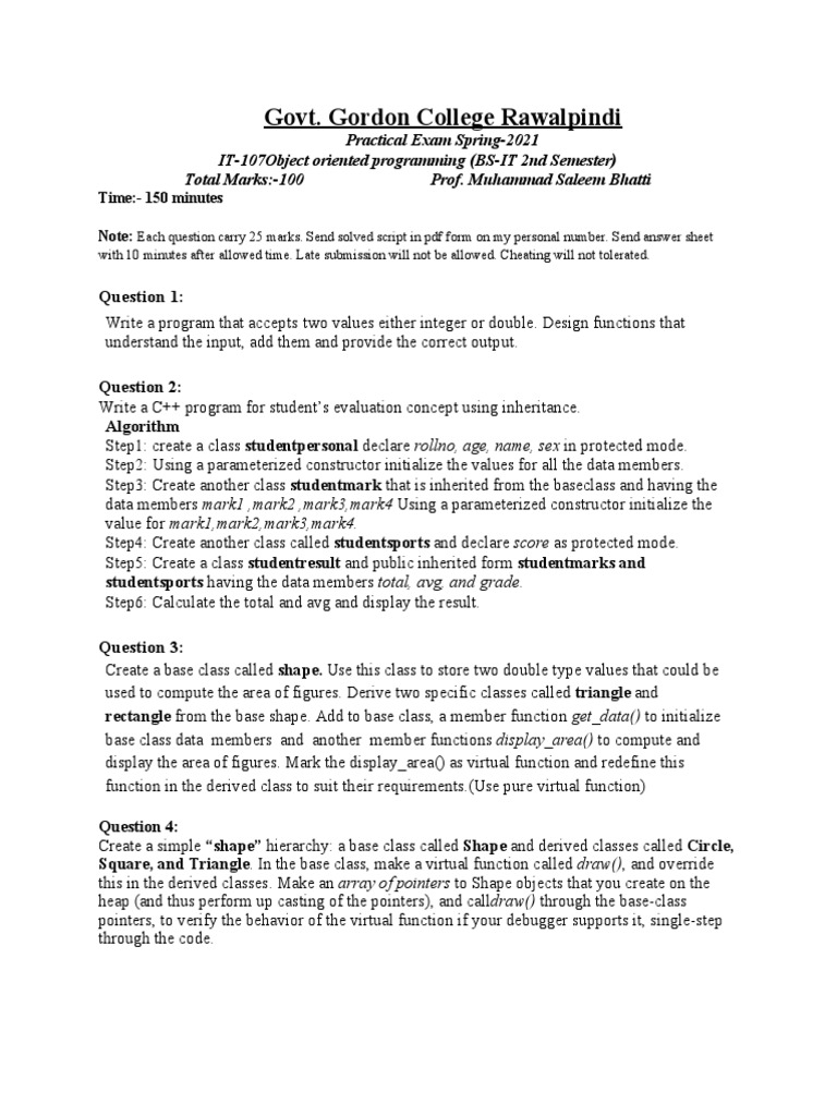 Oop Practical Paper Pdf Class Computer Programming Inheritance Object Oriented Programming