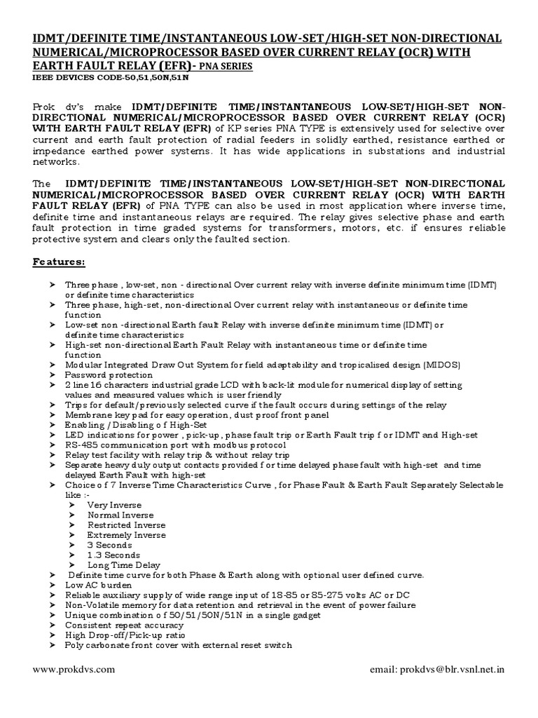 Numerical Over Current Relay Ocr With Earth Fault Relay Efr | PDF | Relay | Power Supply