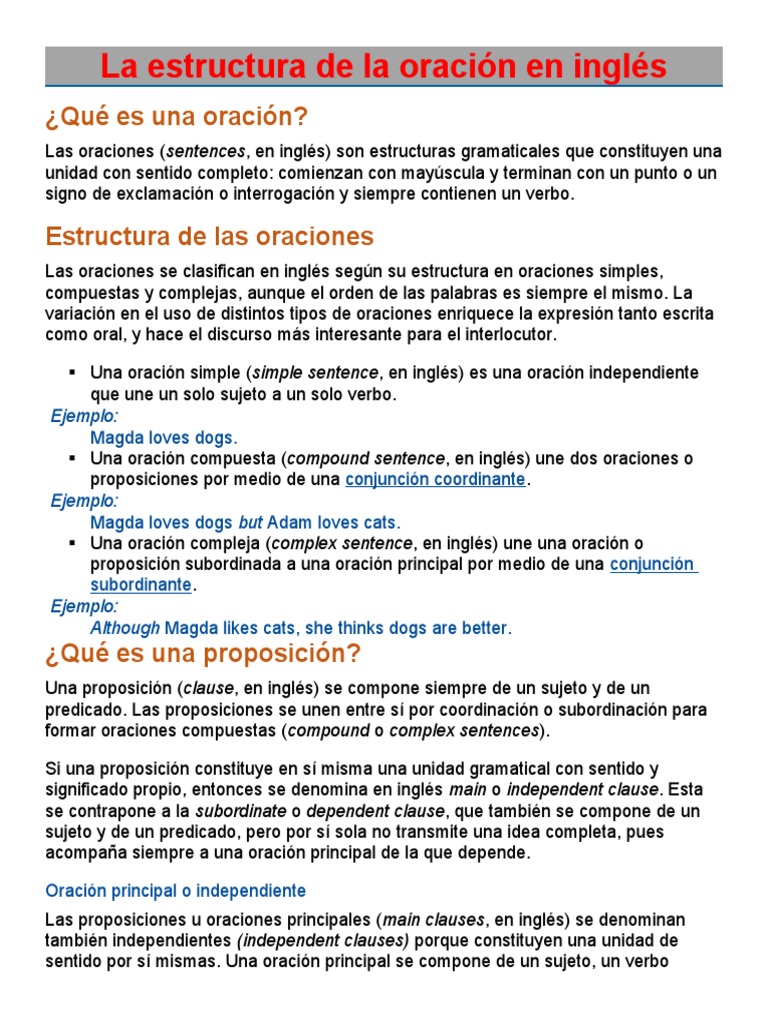 La Estructura D La Oracion En Ingles Pdf Oración Lingüística Verbo