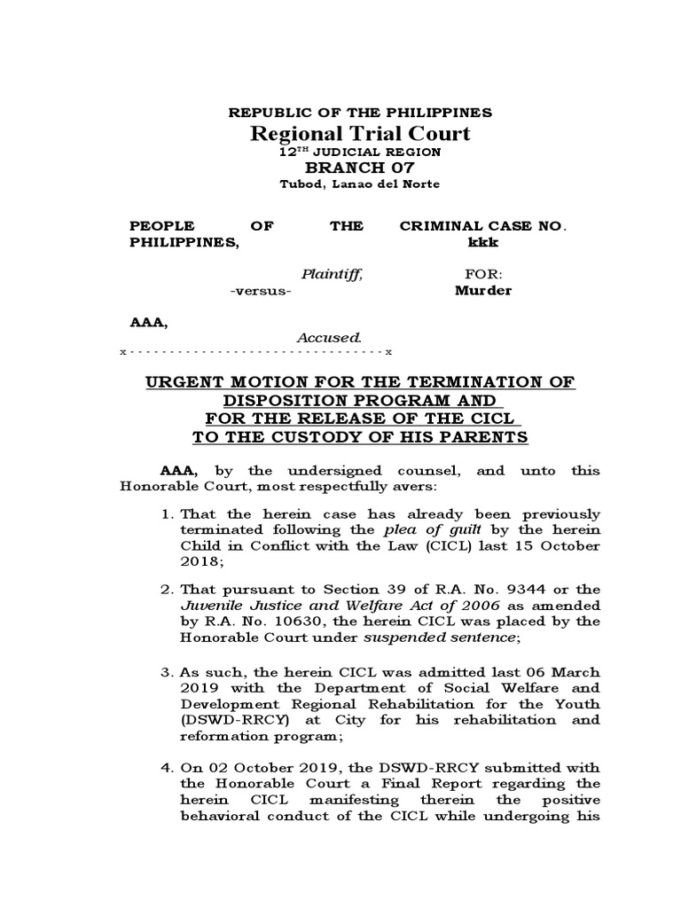 Motion To Release The CICL | PDF | Juvenile Court | Crime & Violence