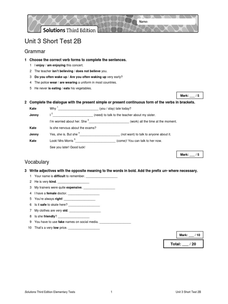 Unit 3 Short Test 2B: Grammar | PDF