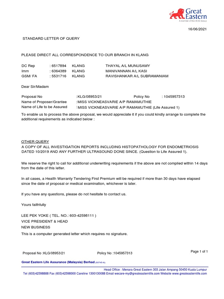 Great Eastern Proposal Query Letter | PDF | Finance & Money Management