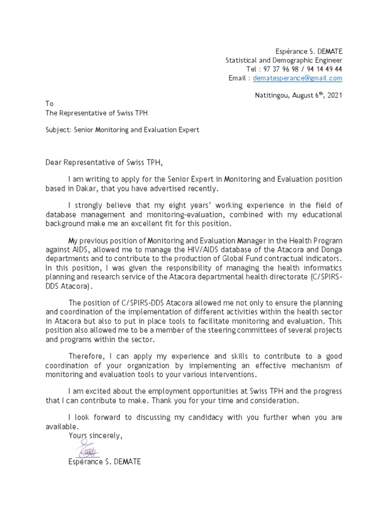 Application for Senior M&E Expert Position | PDF | Career & Growth ...