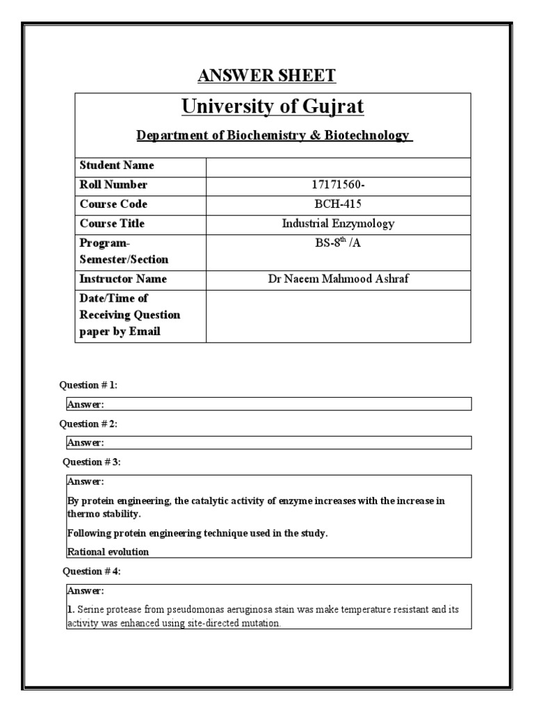 Gujarat University Answer Sheet BCH-415 | PDF | Science & Mathematics ...