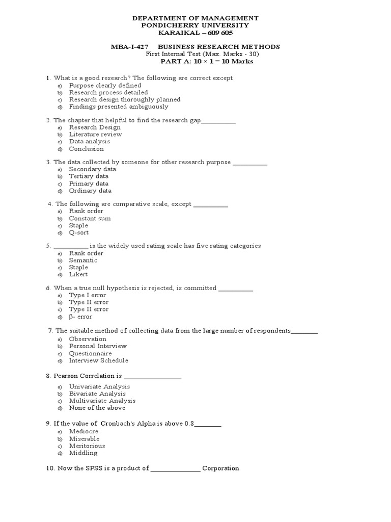 BRM Second Internal Question Paper | PDF | Type I And Type Ii Errors ...