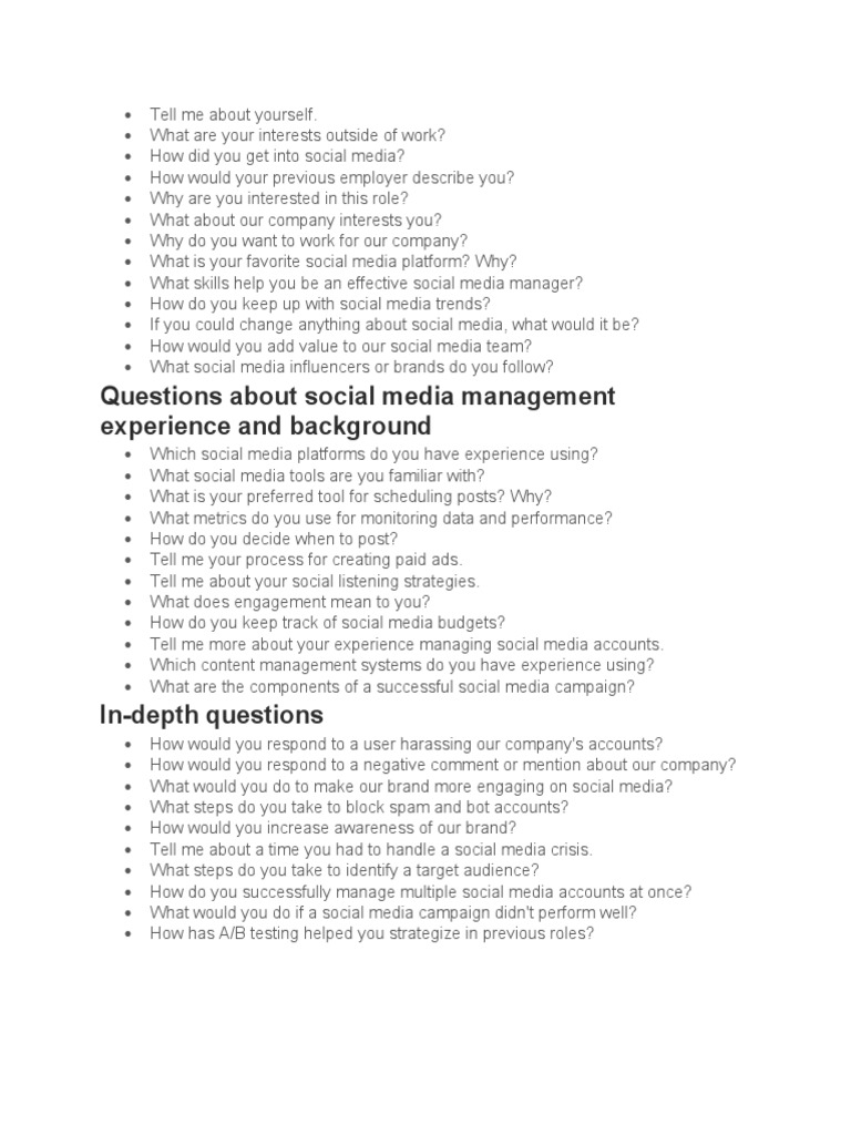 Questions About Social Media Management Experience and Background | PDF ...