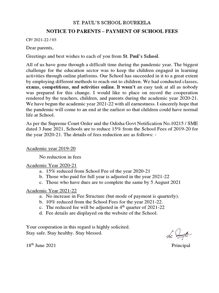 Notice To Parents - Payment of School Fees | PDF