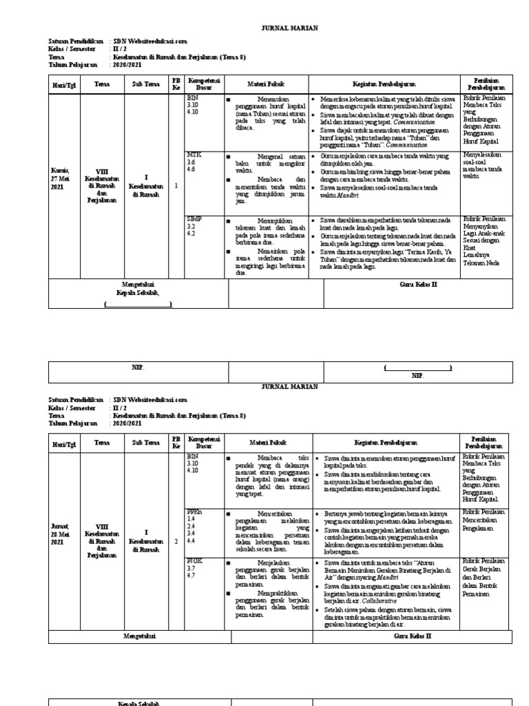 Jurnal Kelas 2 Tema 8 | PDF